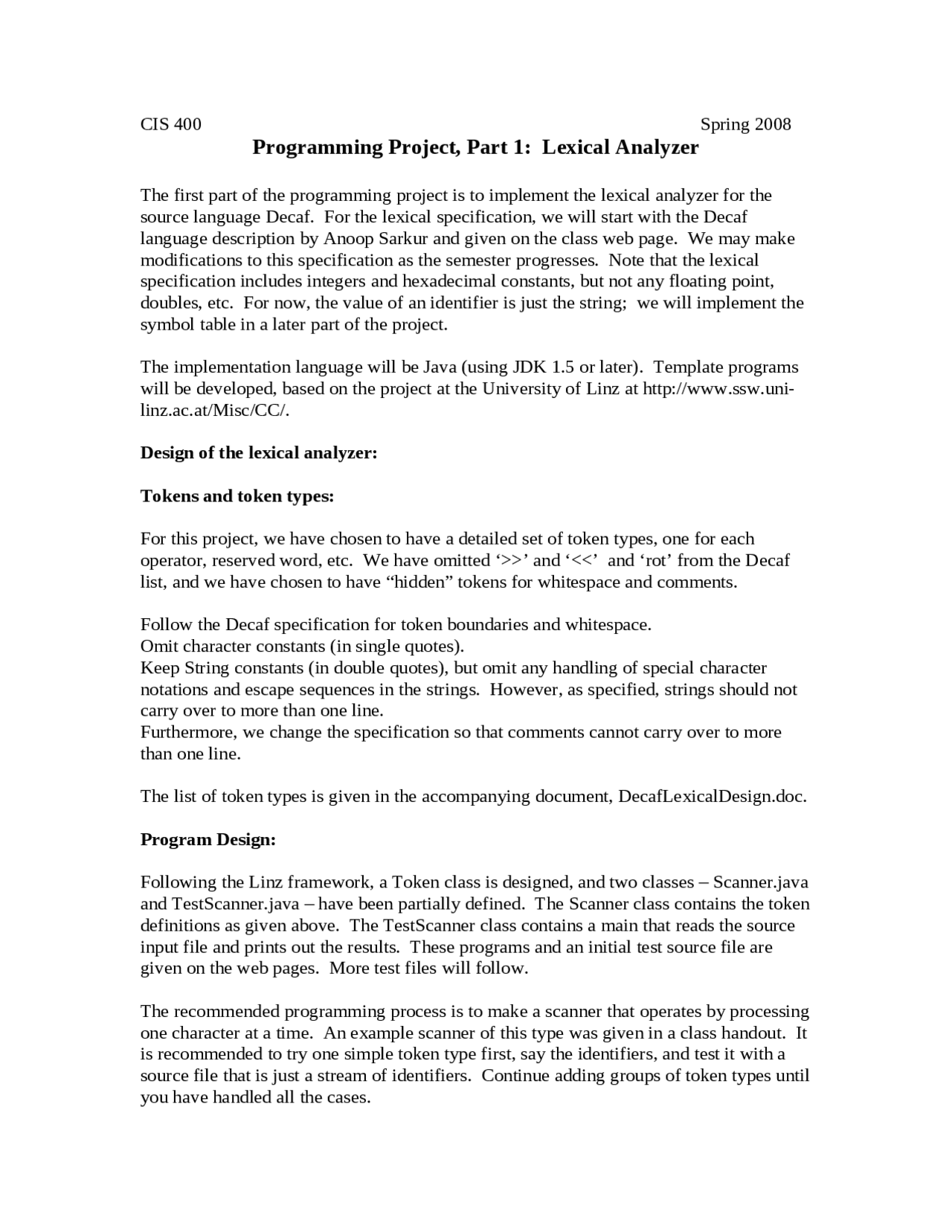 Programming Project Part 1 Lexical Analyzer Cis 400 Docsity