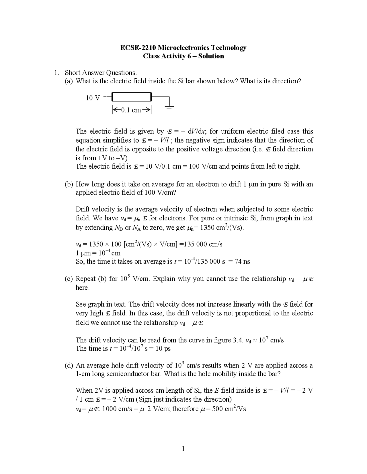 Microelectronics Technology Solutions For Class Activity 6 Ecse