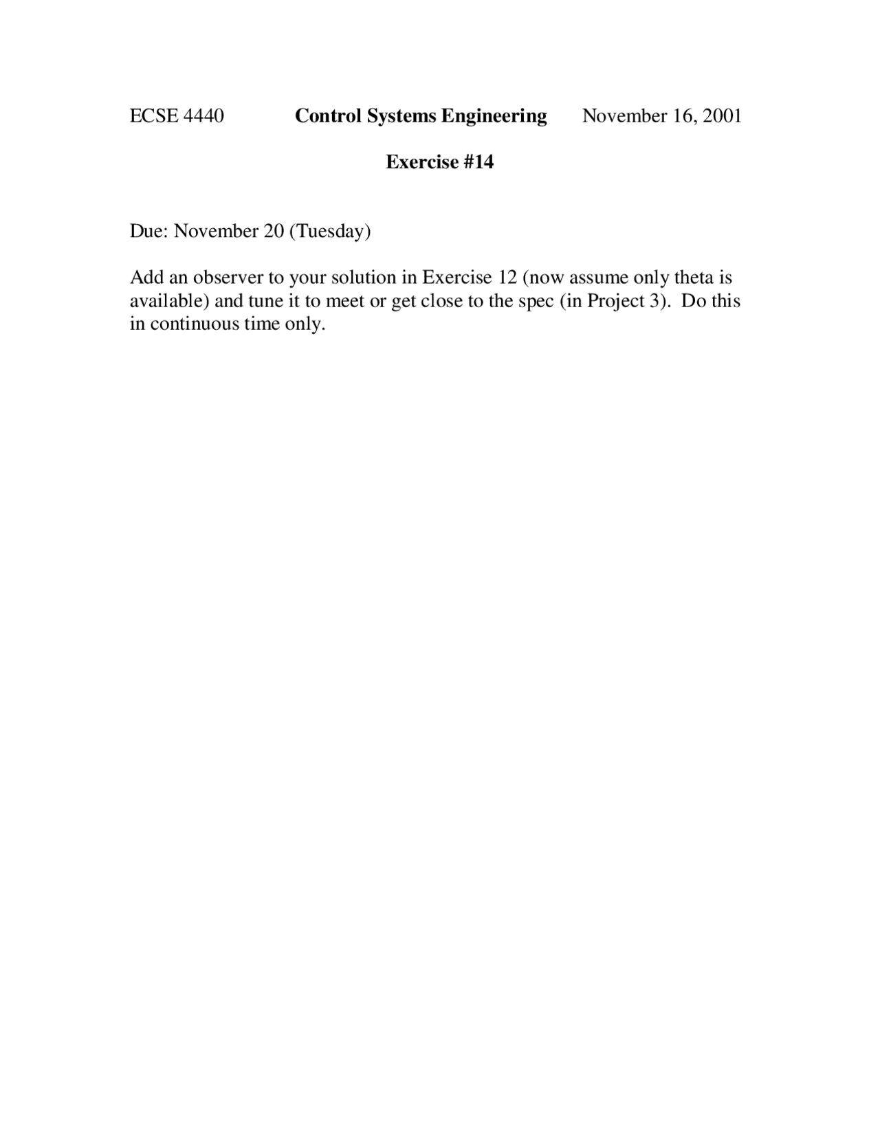 Exercise 14 Control Systems Engineering Ecse 4440 Docsity