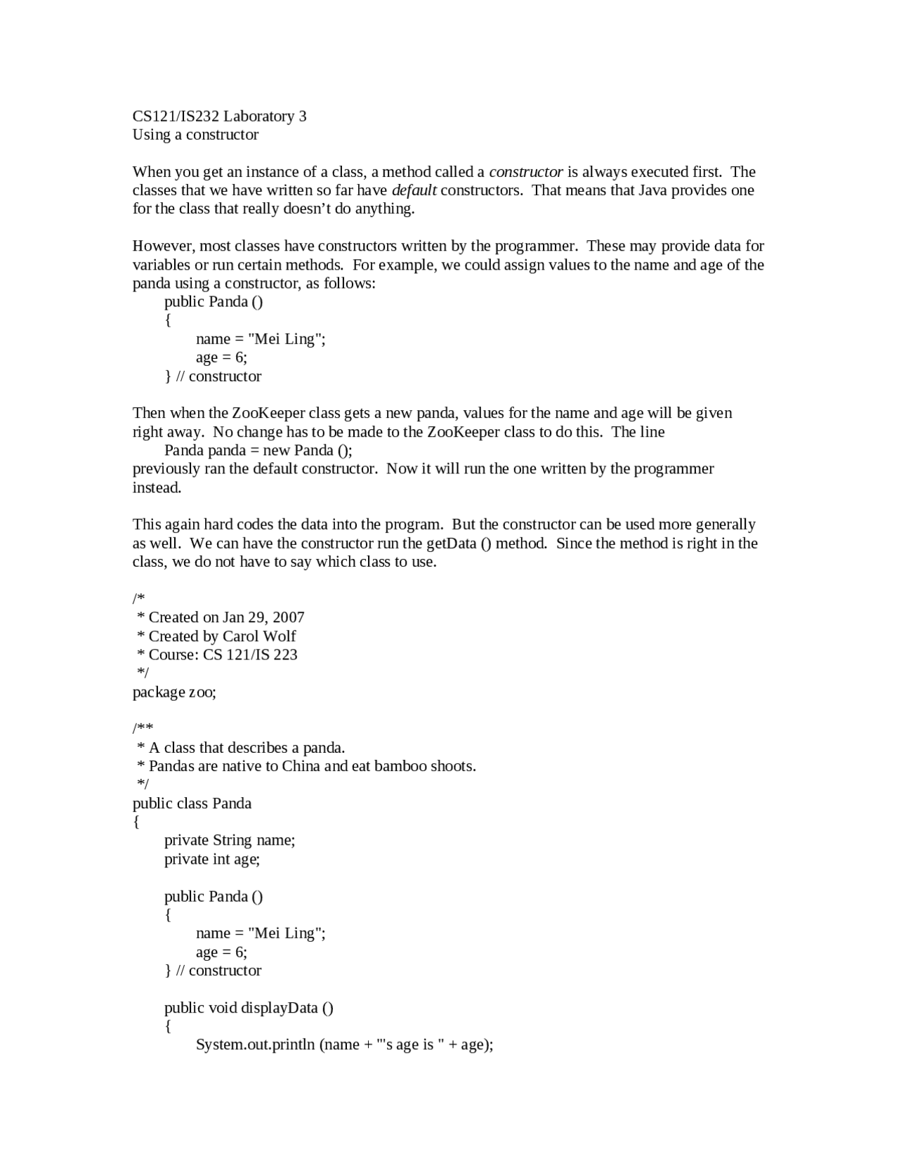 Laboratory 3 Using A Constructor Cs 121 Docsity