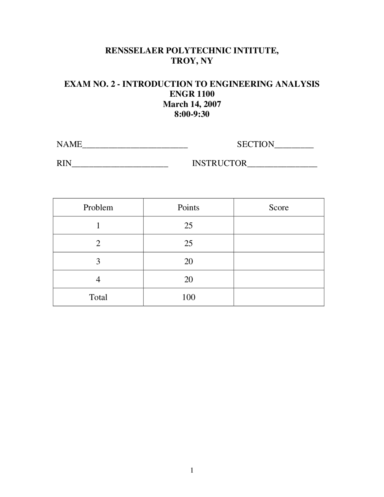 Introduction To Engineering Analysis Exam With Solution Key Engr 1100