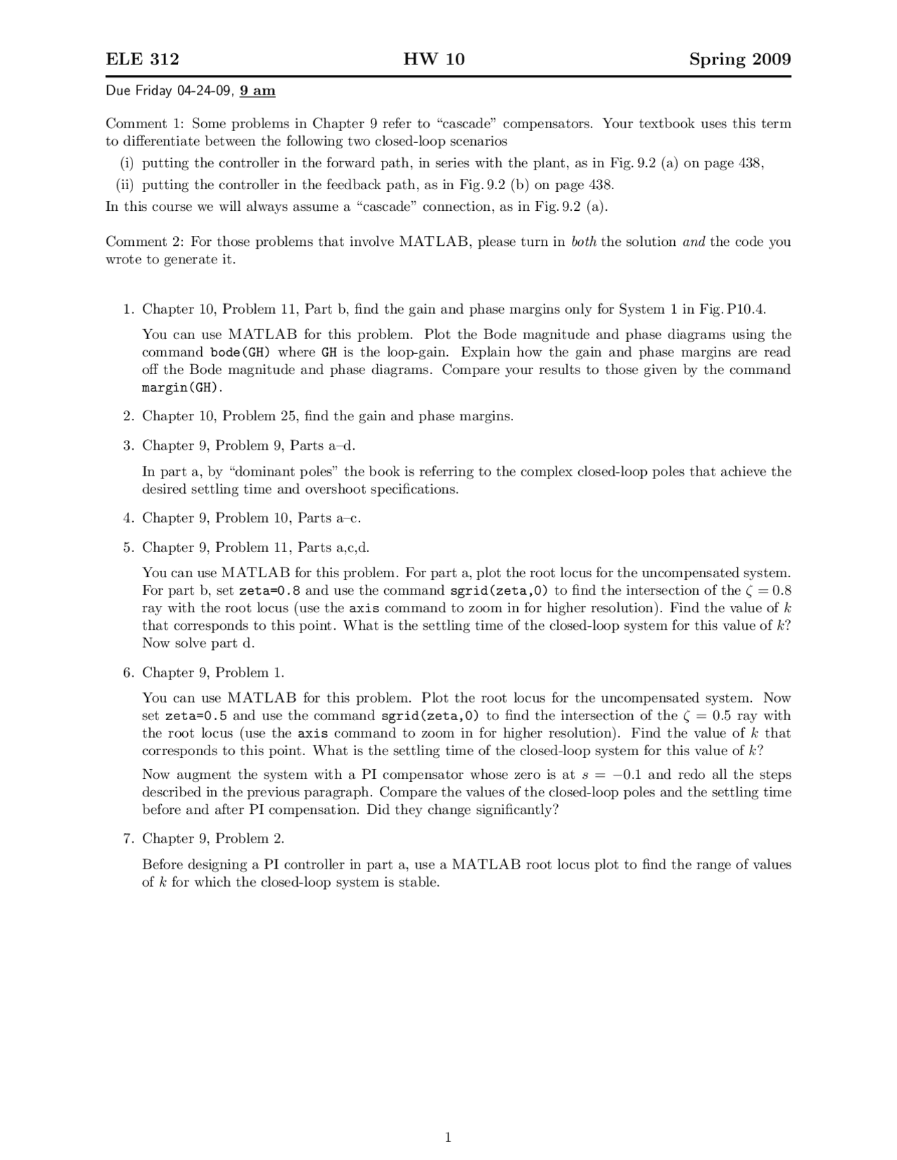 ELE 312 Homework 10: Control System Analysis - Prof. Makan Fardad | Assignments Control Systems ...