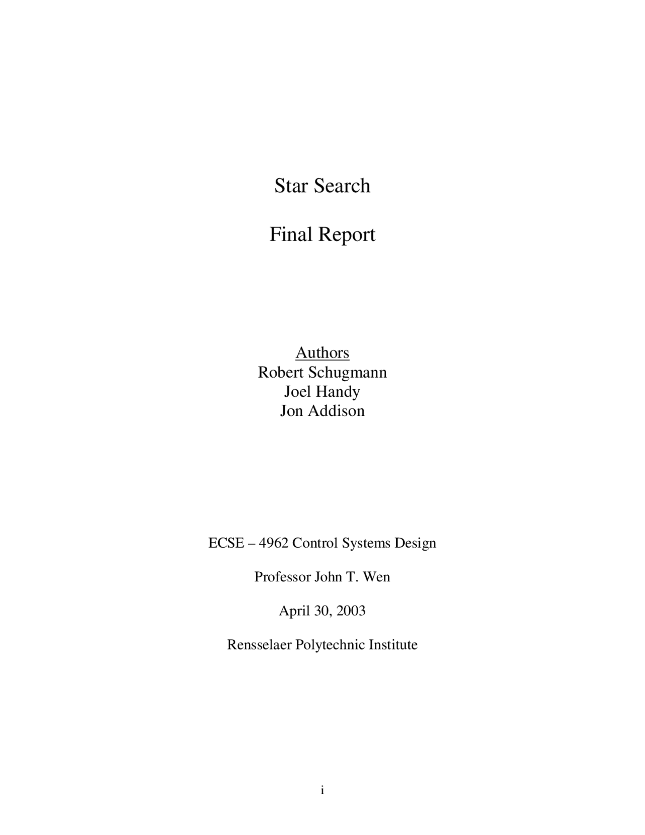 Star Search Final Report Control System Design Ecse 4962 Docsity