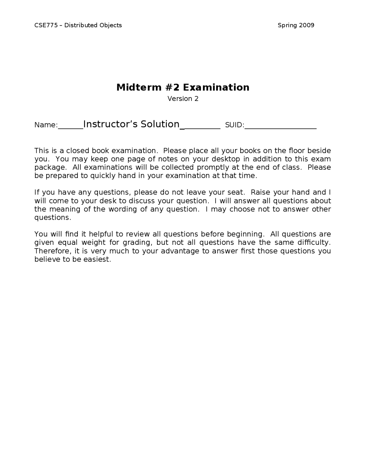 Midterm Exam 2 With Solution For Distributed Objects Cse 775 Docsity