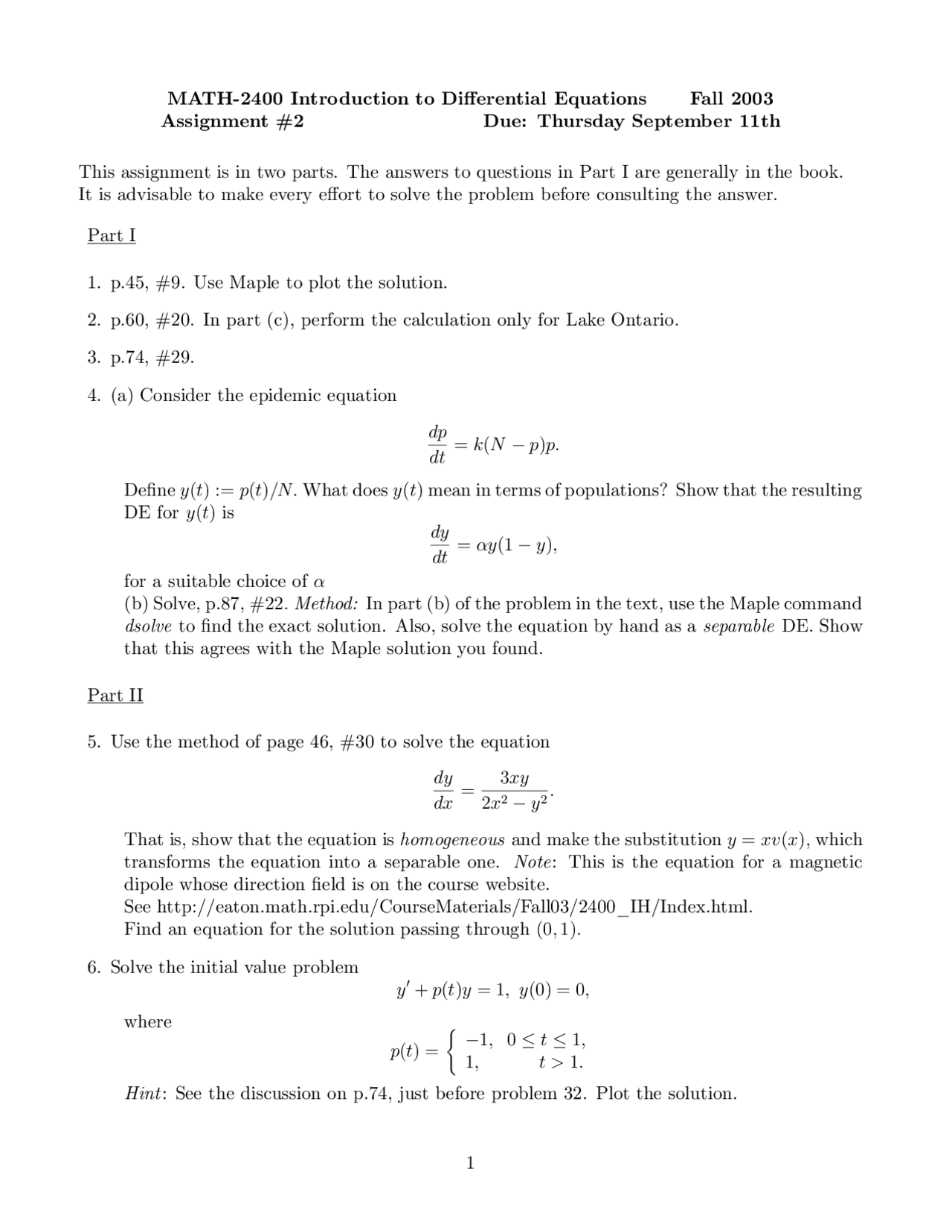Maple To Plot Introduction To Differential Equations Assignment 2