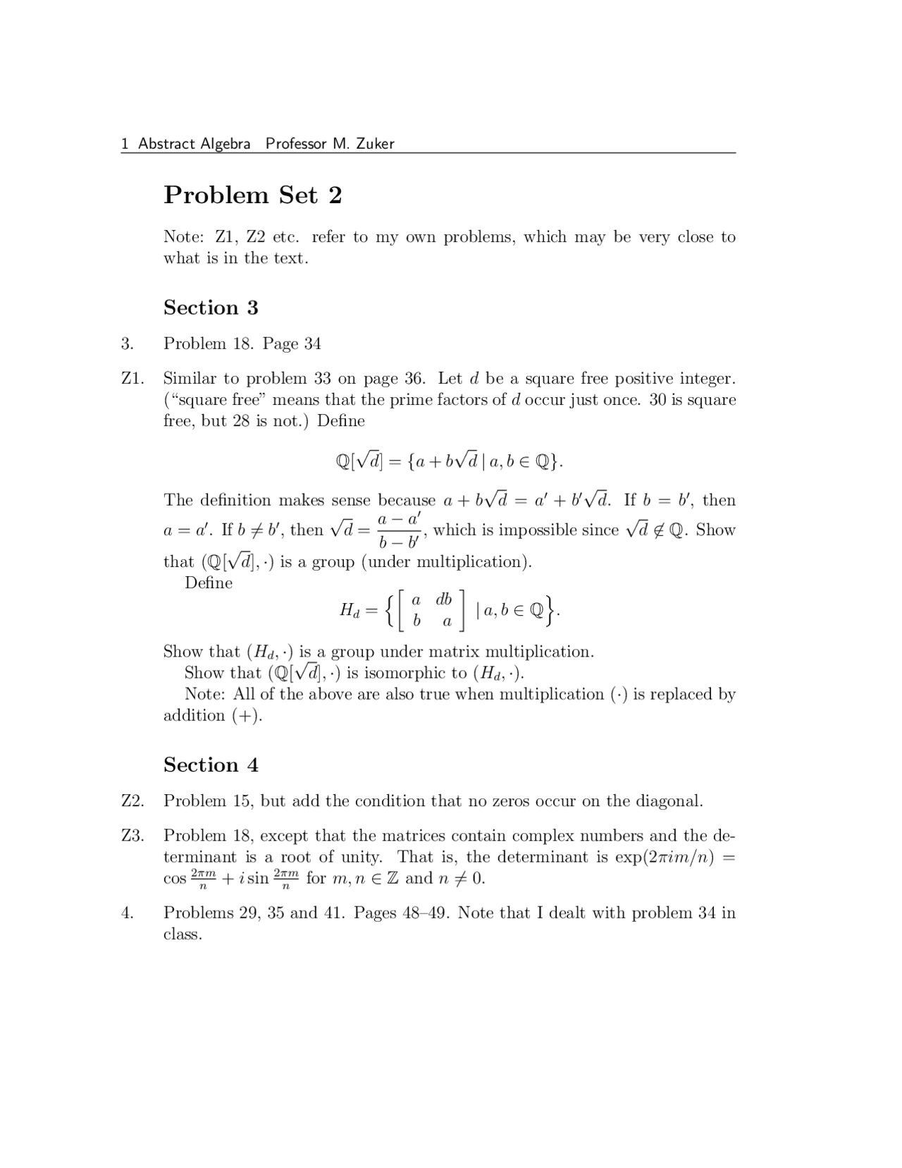 Problem Set 2 Abstract Algebra Math 4010 Docsity