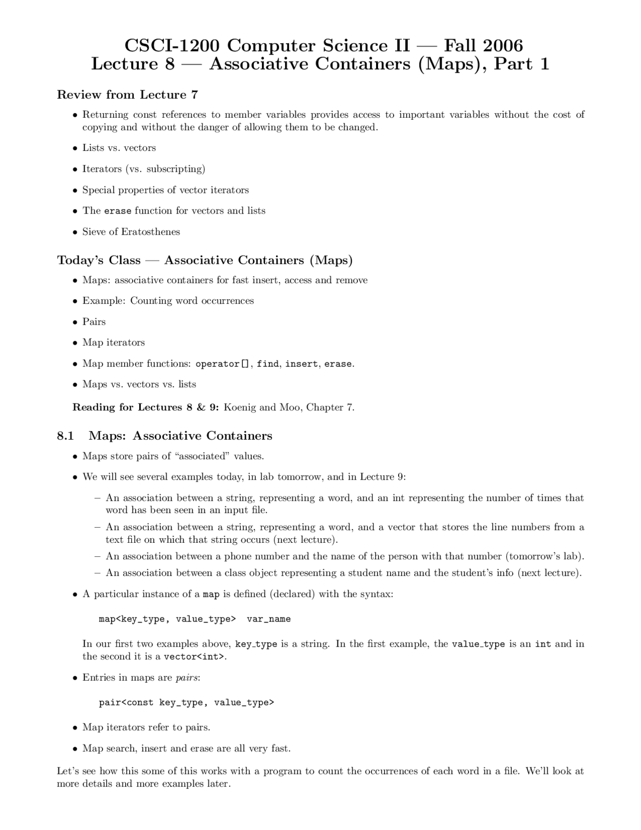 Notes On Associative Containers Maps Part I Csci 1200 Docsity
