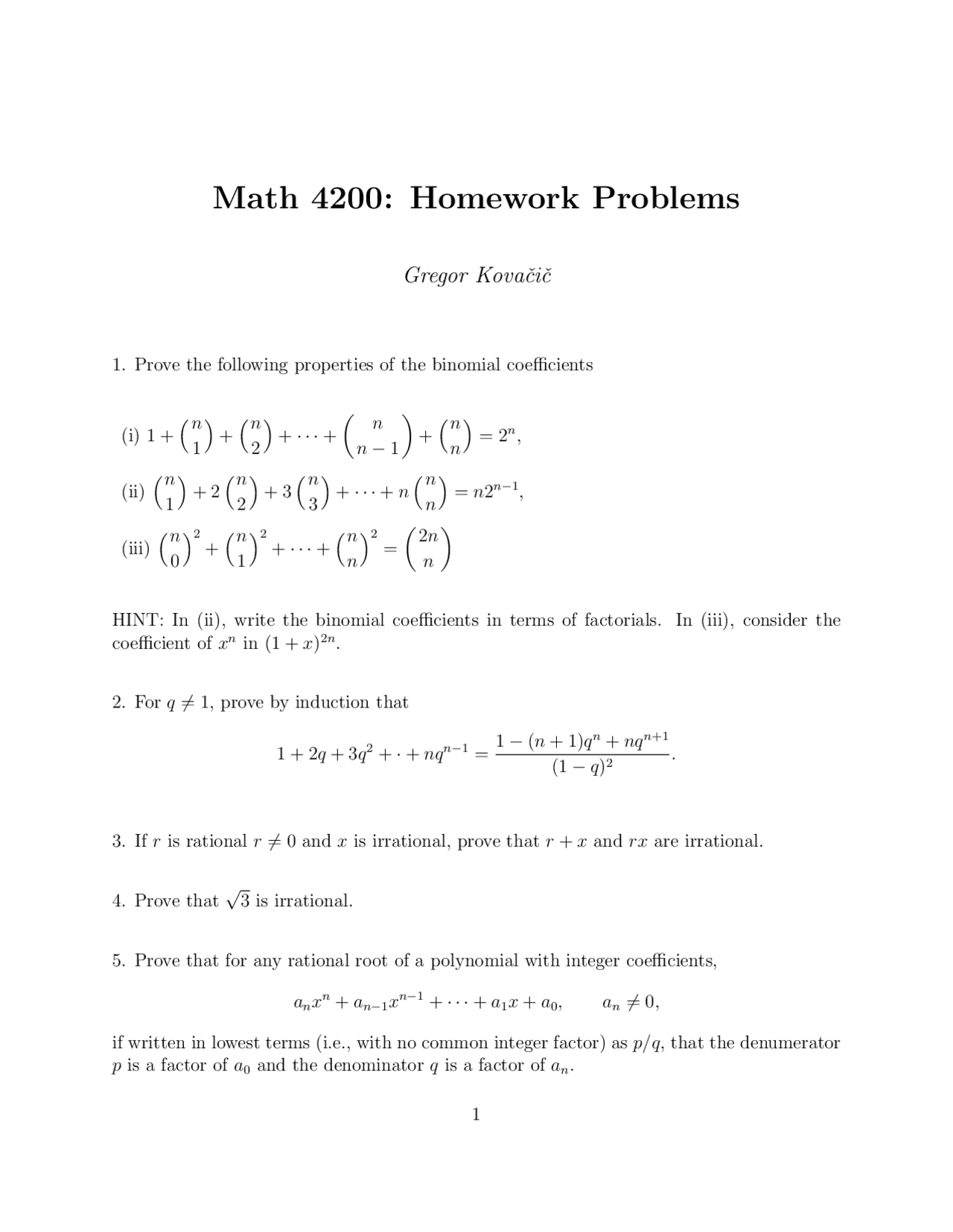 Practice Problems Mathematical Analysis I Math 4200 Docsity