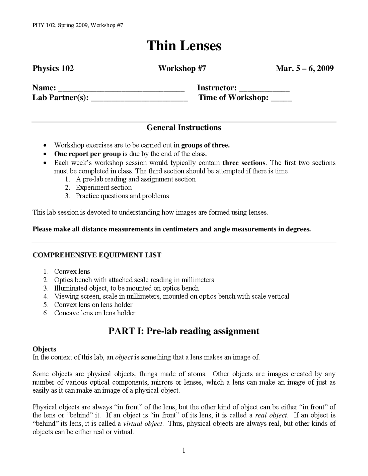 Thin Lenses - Major Concepts of Physics II - Workshop 7 | PHY 102 - Docsity
