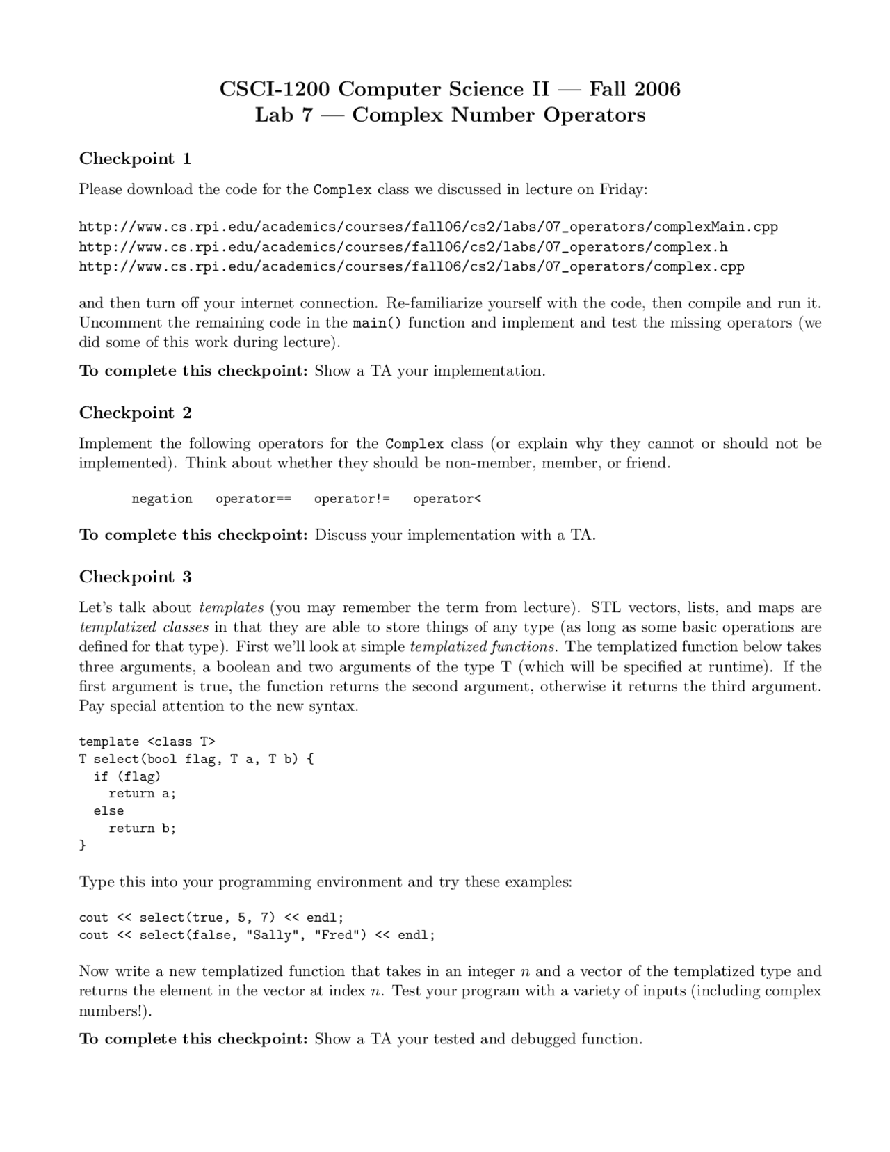 Laboratory 7 Complex Number Operators Csci 1200 Docsity