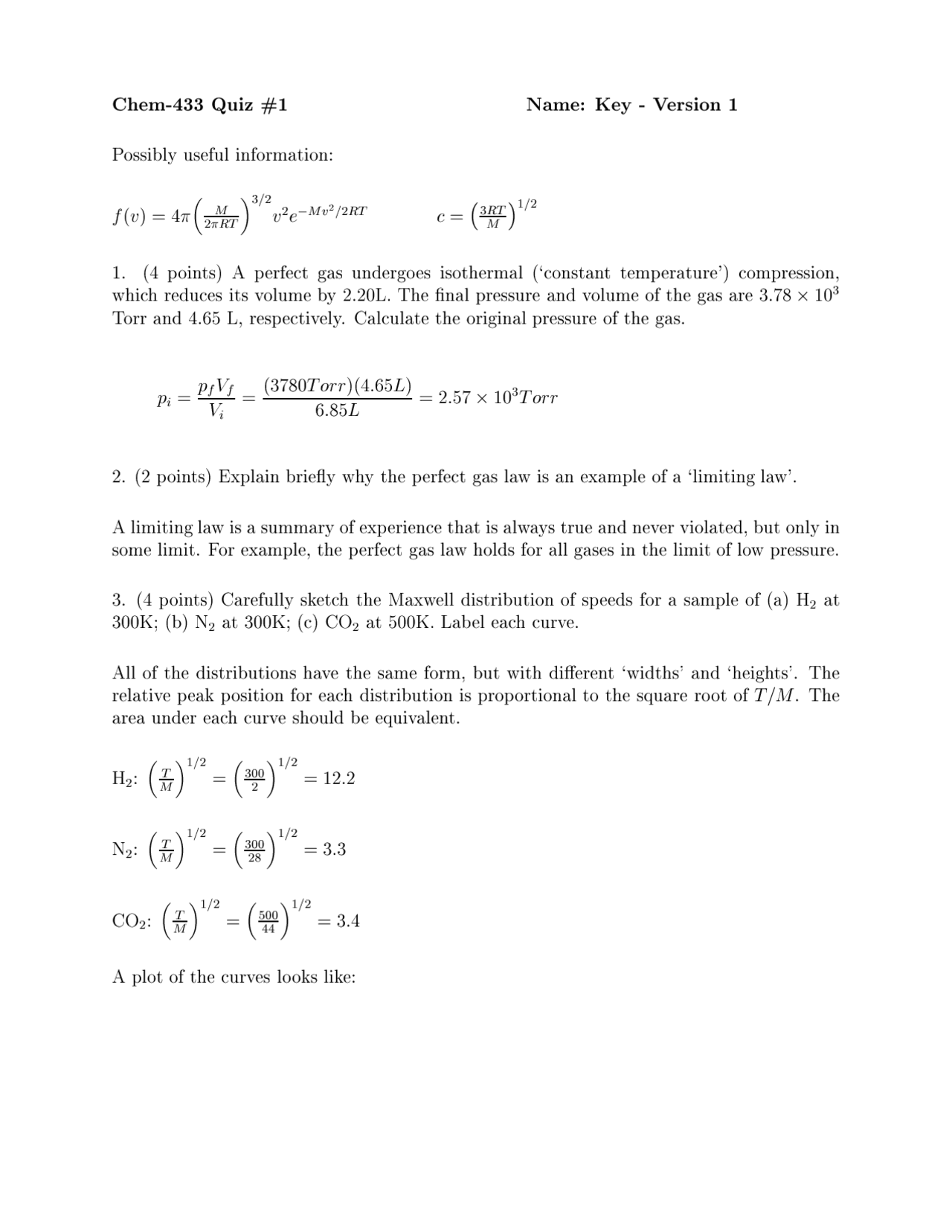 Solution Key For Quiz 1 Physical Chemistry I Chem 433 Docsity