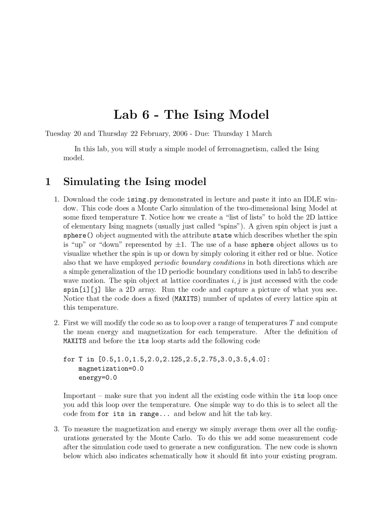 Ising Model Lab: Simulating and Analyzing Magnetization and Energy | Lab Reports Physics | Docsity