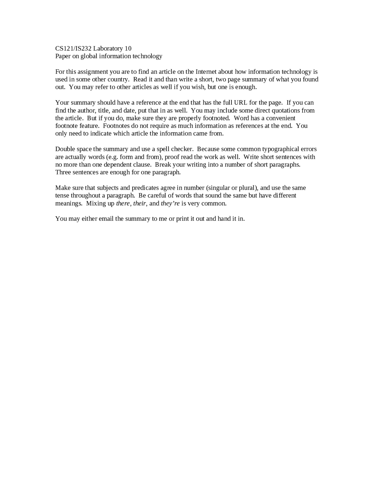 Paper on Global Information Technology - Laboratory 10 | CS 121 - Docsity