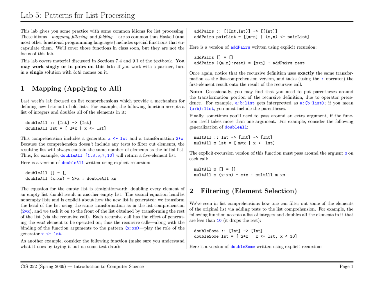 Patterns for List Processing - Laboratory 5 | CIS 252 - Docsity