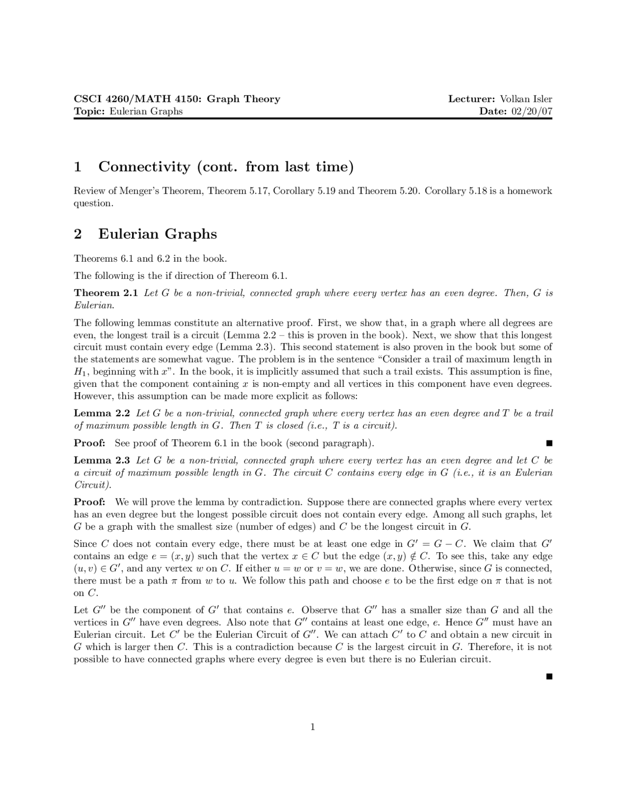 Eulerian Graphs Lecture Notes Graph Theory Csci 4260 Docsity