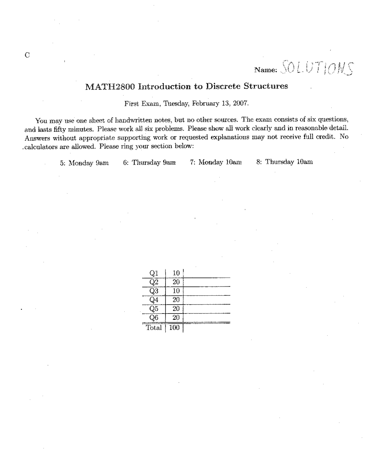 First Exam With Solutions Introduction To Discrete Structures Math