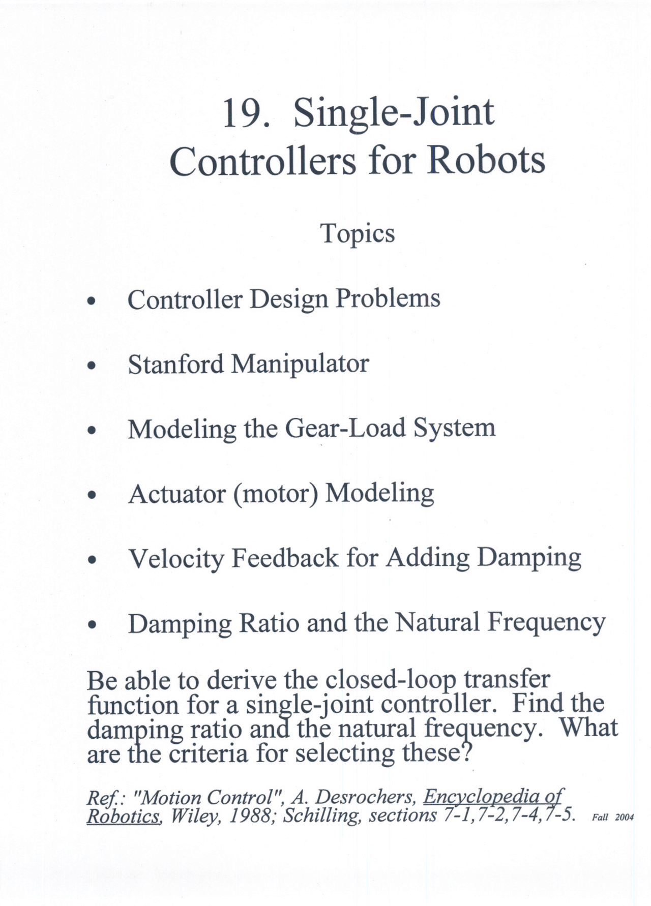 Single Joint Controllers For Robots Lecture Notes Ecse 4490 Docsity