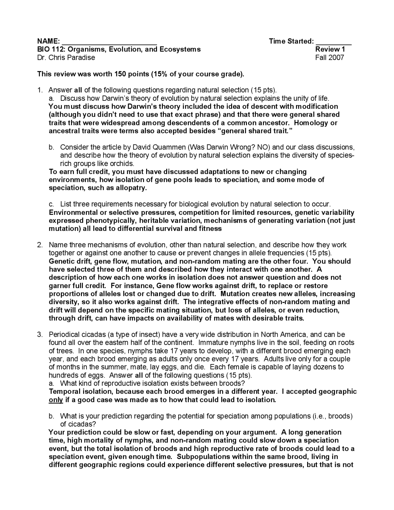 Exam 1 Review Questions Organisms Evolution Ecosystems Bio 112