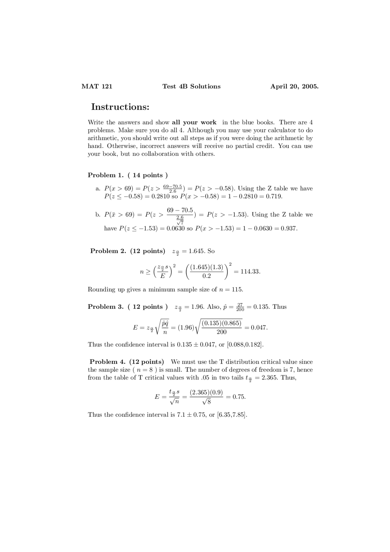 Exam 4B Solutions - Probability and Statistics for the Liberal Arts I ...