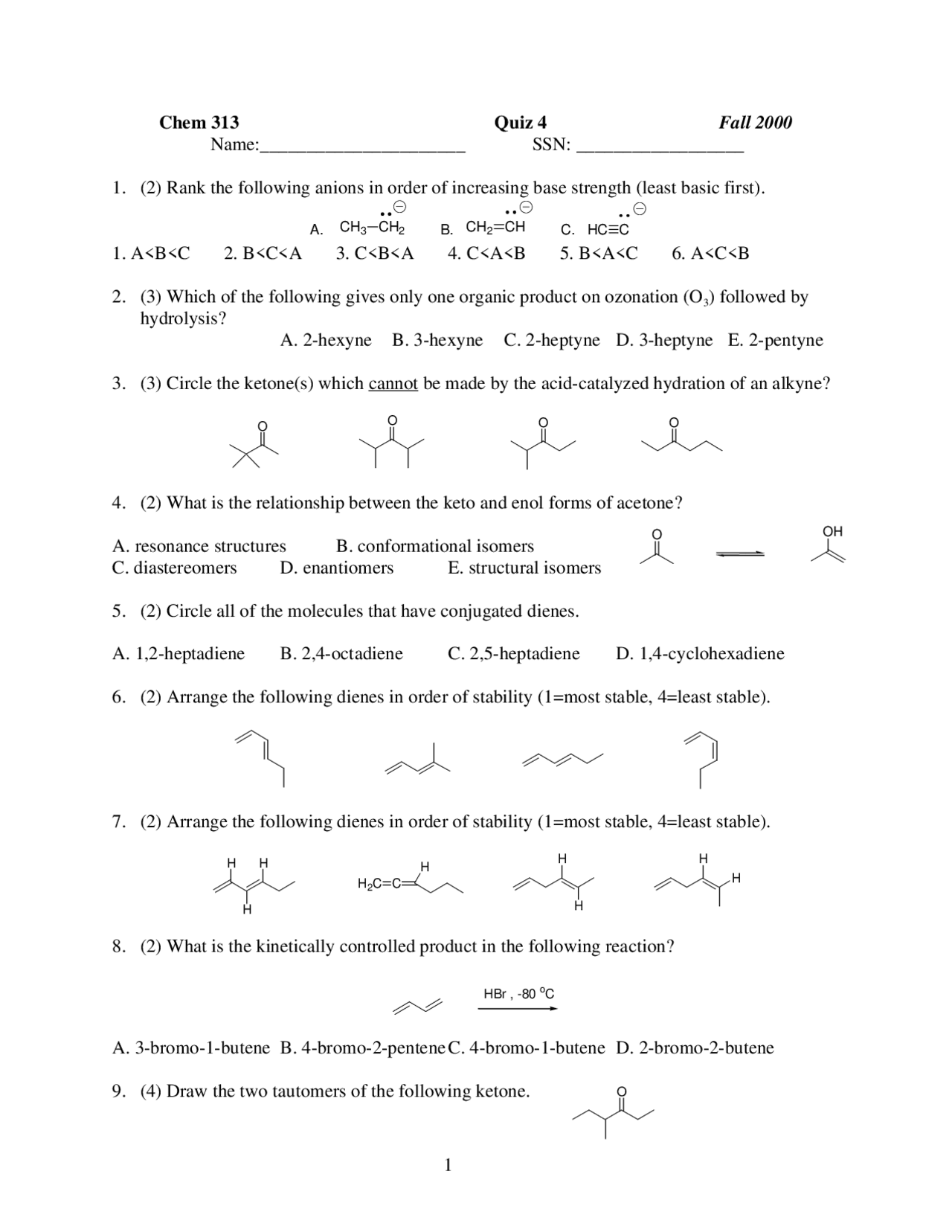 15 Questions of Organic Chemistry I - Quiz 5 | CHEM 313 - Docsity
