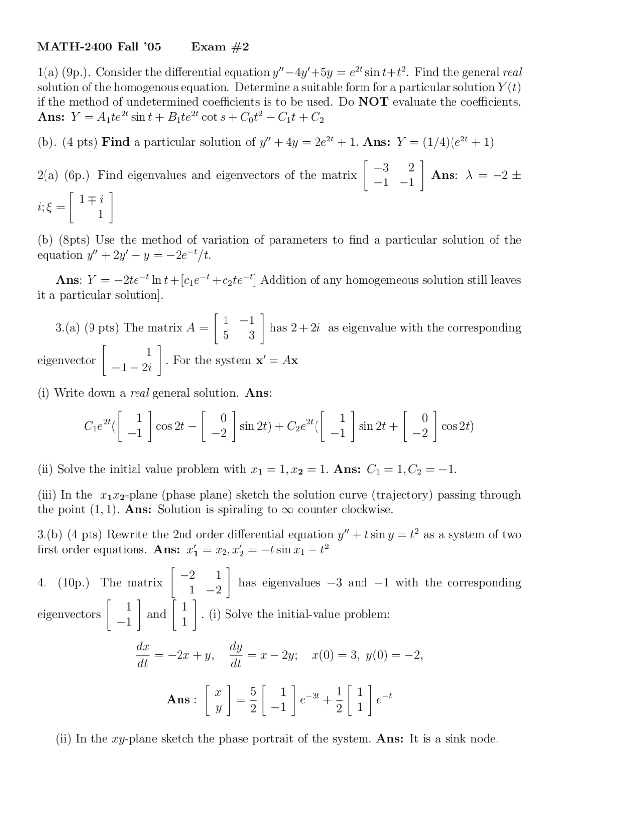 Exam 2 With Solutions Introduction To Differential Equations Math