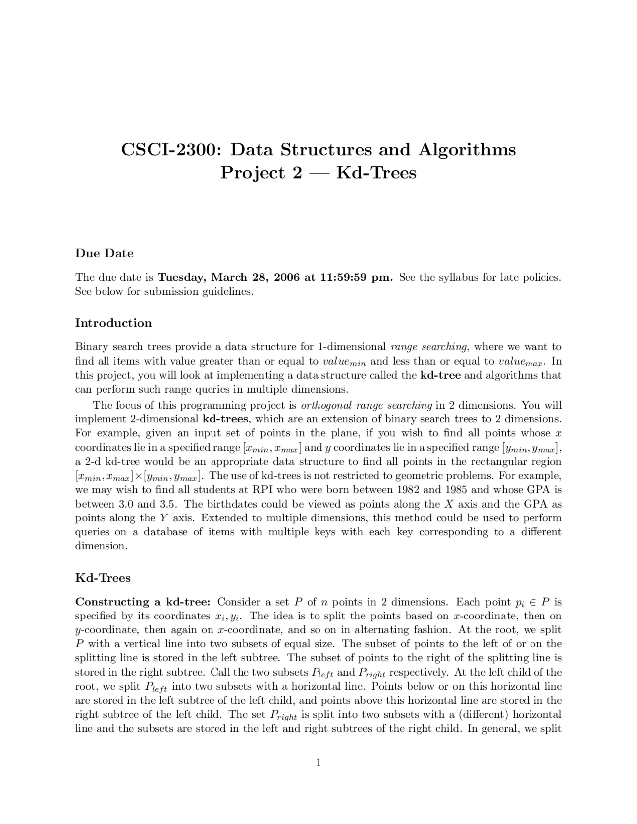 Project Two Kd Trees Introduction To Algorithms Csci 2300 Docsity