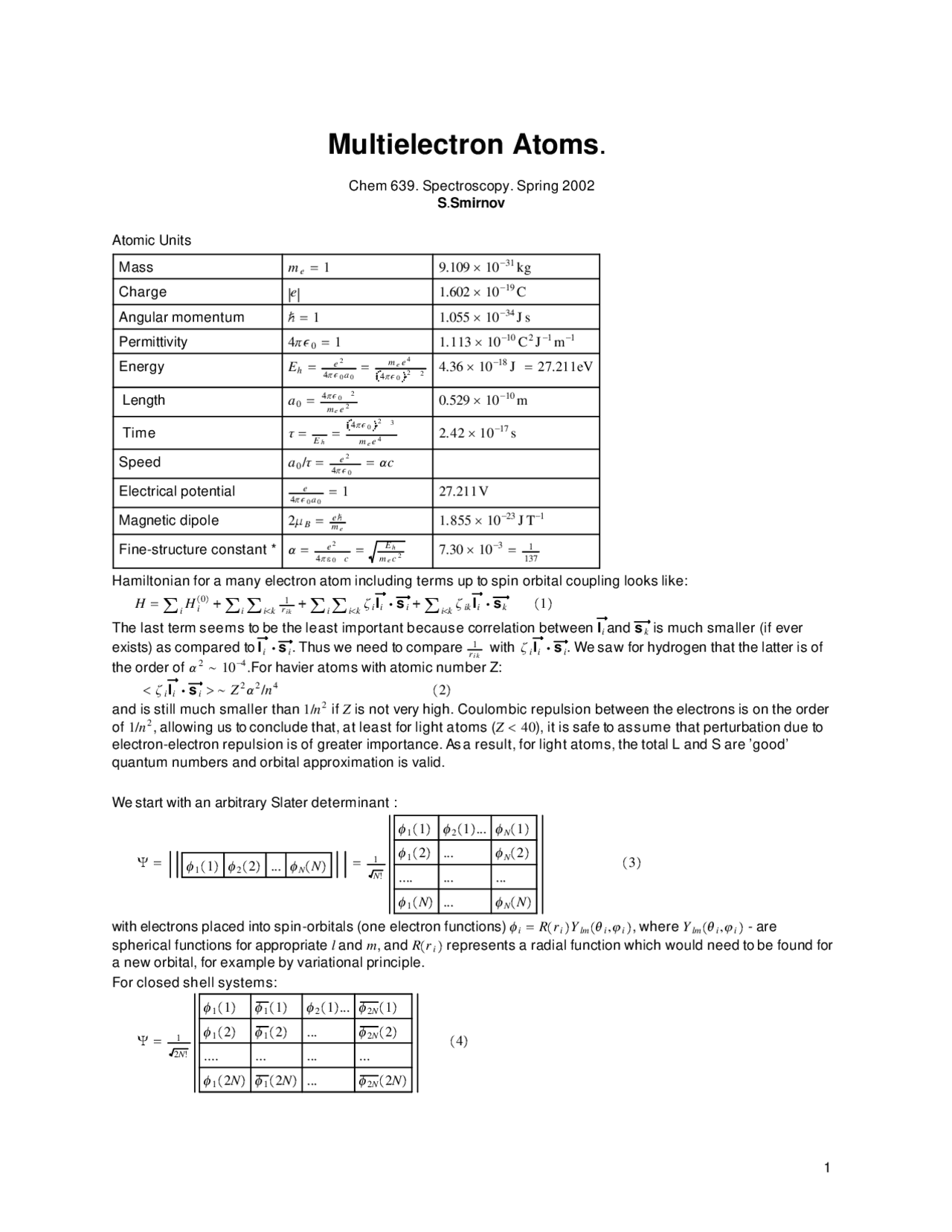 Multielectron Atoms Lecture Notes Chem 639 Docsity