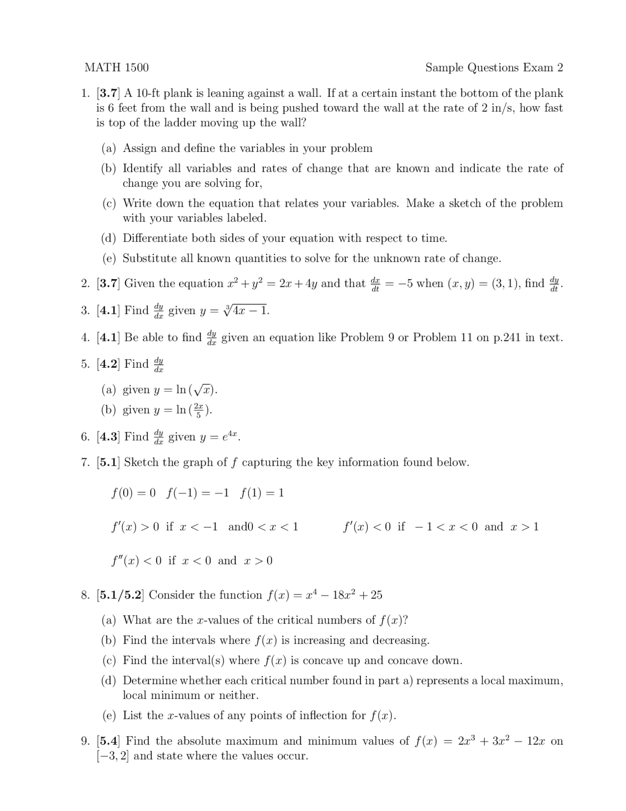 Sample Questions Exam 2 Calculus I Math 1500 Docsity