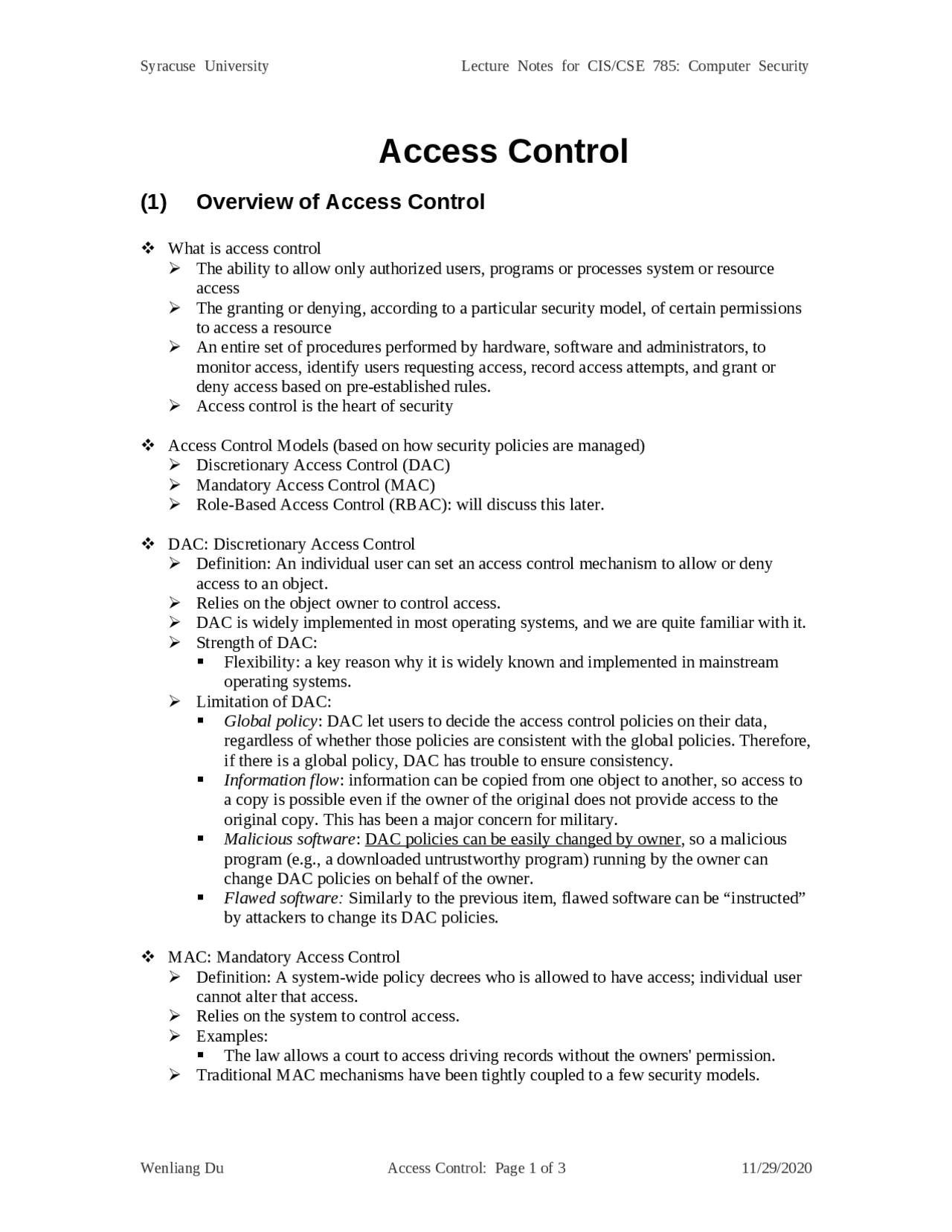 Lecture Notes Access Control In Computer Security Syracuse University Ciscse 785 Pro