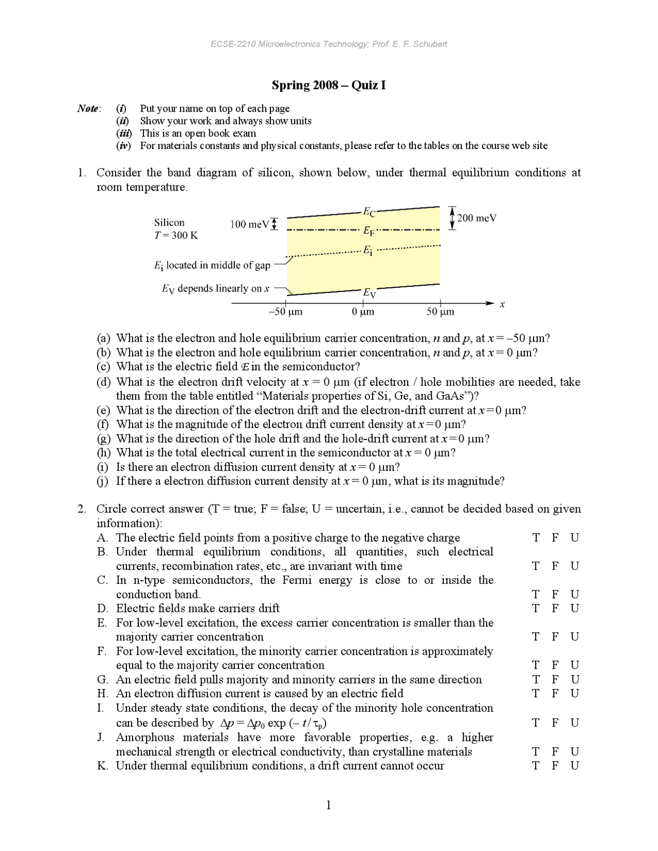 Quiz 1 With Answer Key Microelectronics Technology Ecse 2210 Docsity
