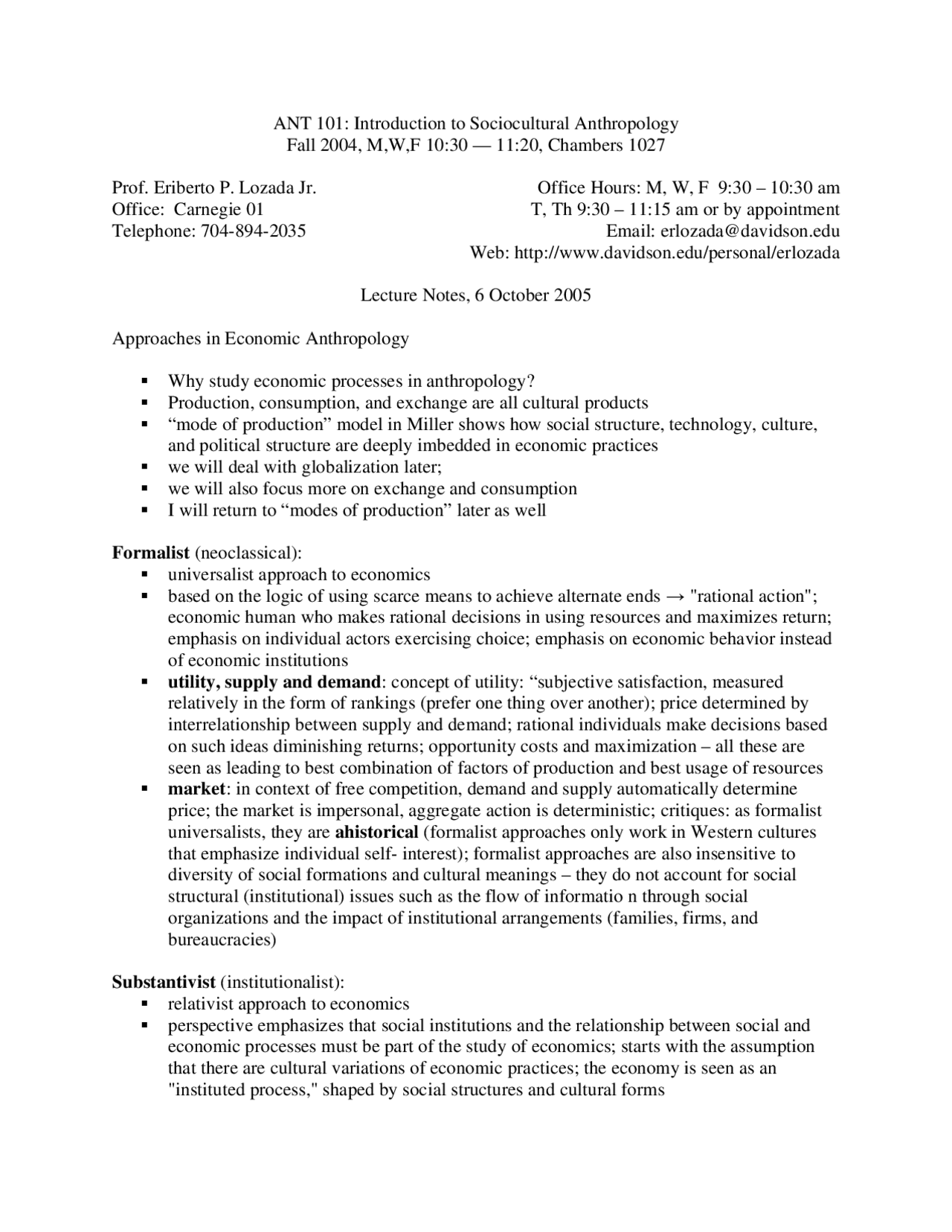 Lecture Notes On Approaches In Economic Anthropology Ant 101 Docsity