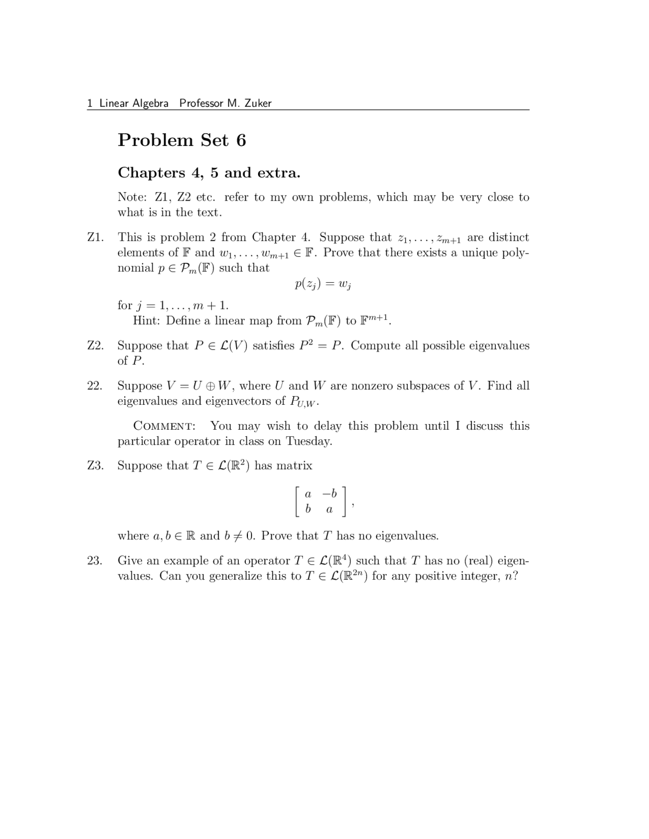 Linear Algebra Solutions For Problem Set 6 Math 4100 Docsity
