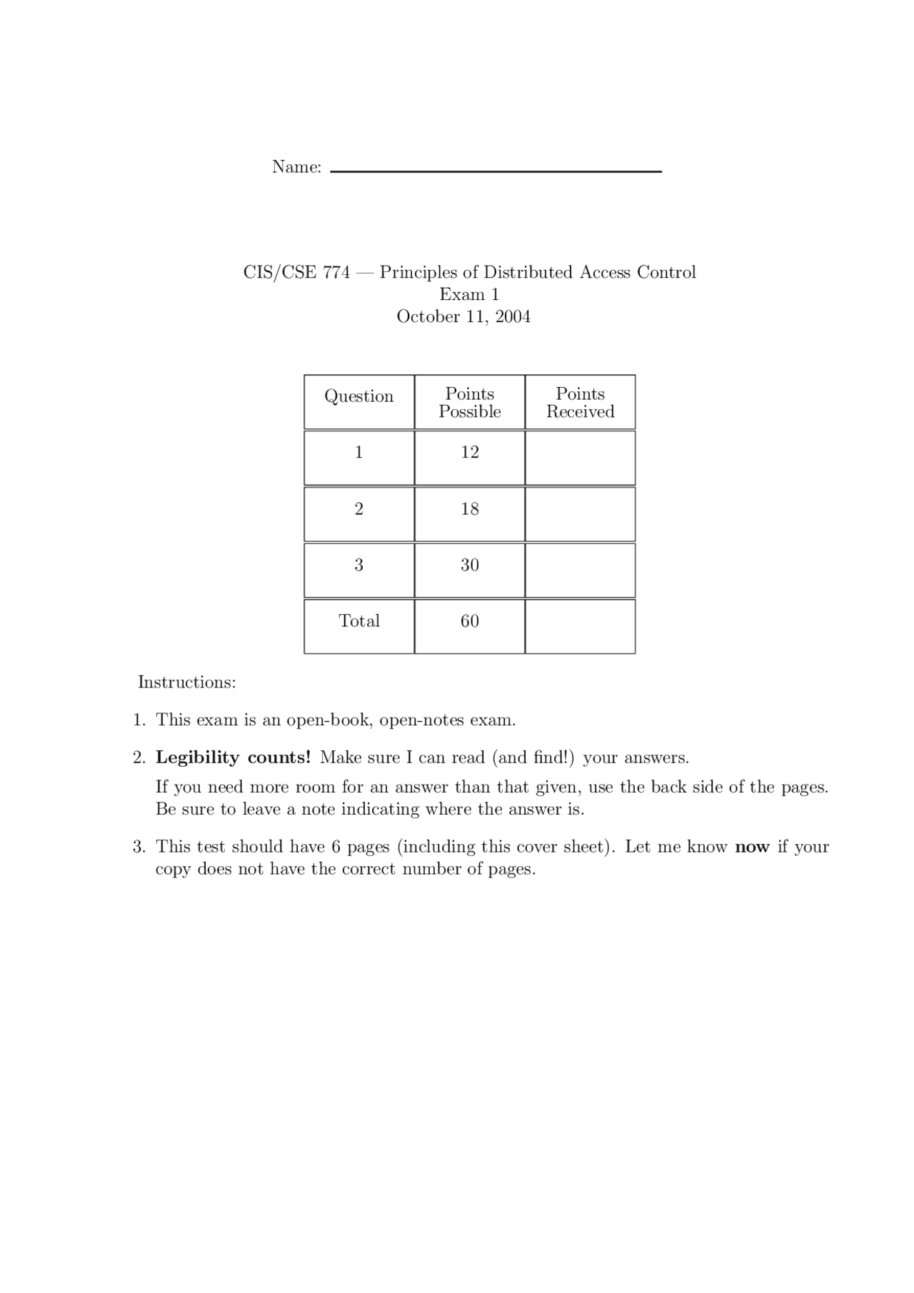 Exam 1 Principles Of Distributed Access Control Cse 774 Docsity