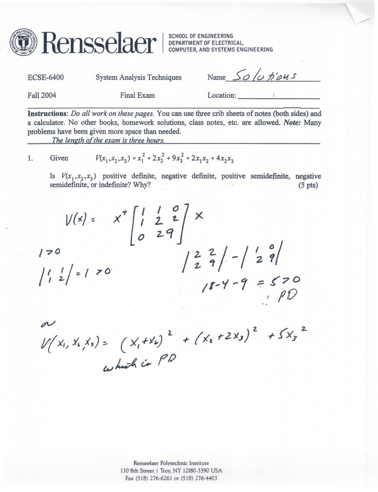 Final Exam With Solutions Systems Analysis Techniques Ecse 6400
