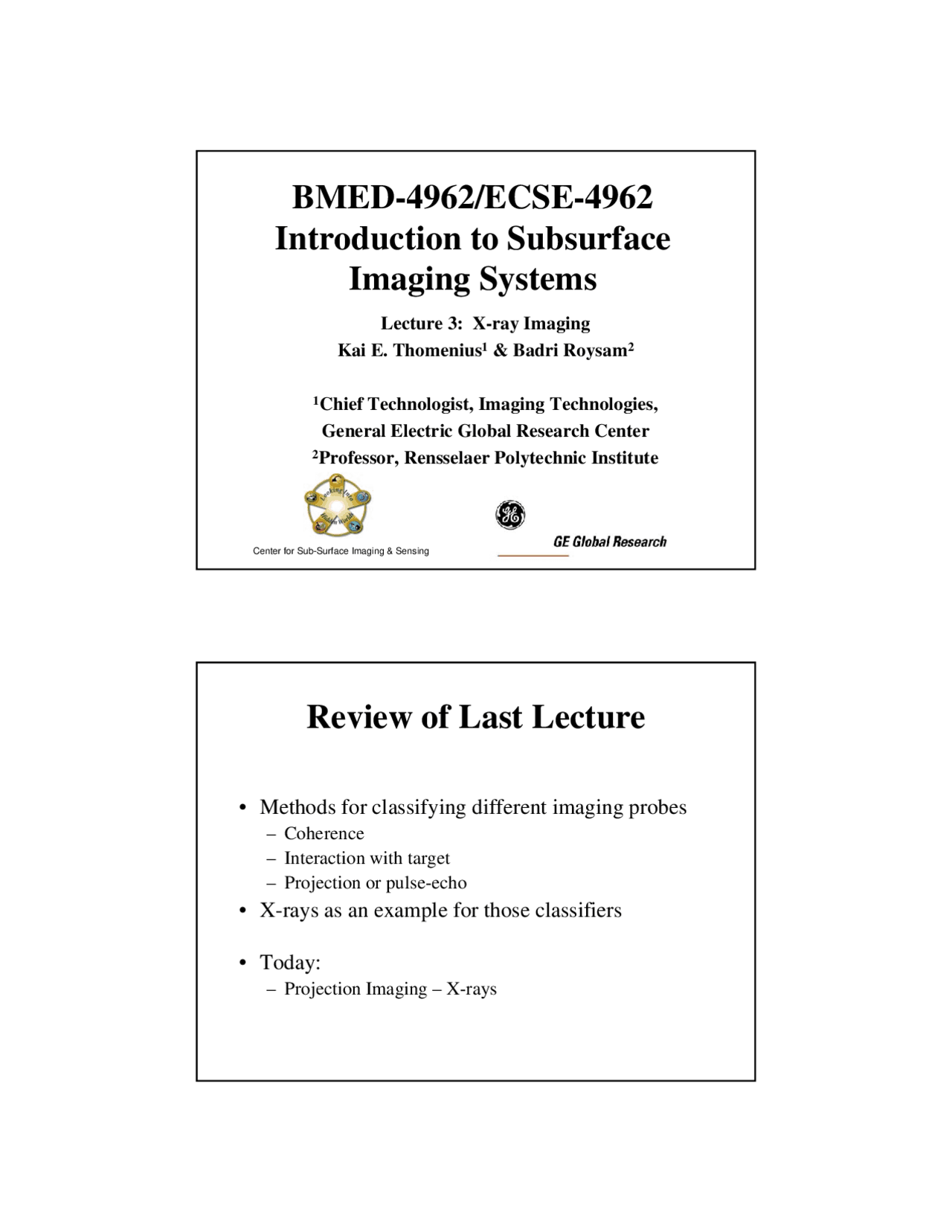 Lecture Notes On Introduction To Subsurface Imaging Systems Bmed 4962
