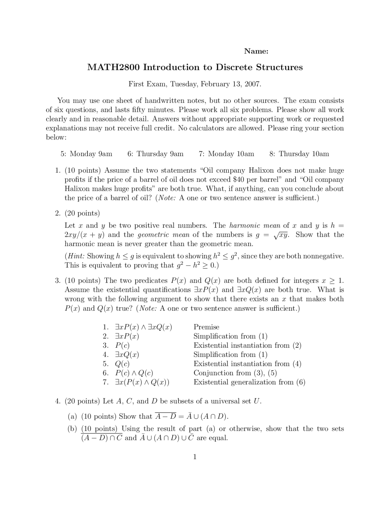 6 Question Exam 1 Introduction To Discrete Structures Math 2800 Docsity