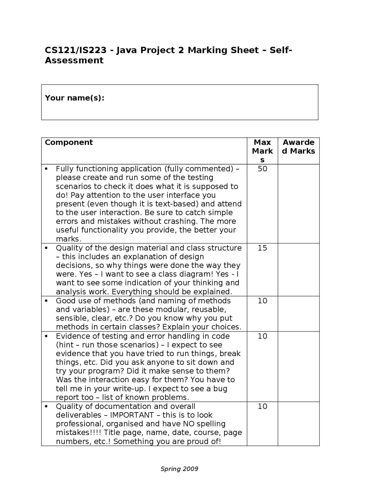 Java Project 2 Marking Sheet – Self Assessment | CS 121 - Docsity