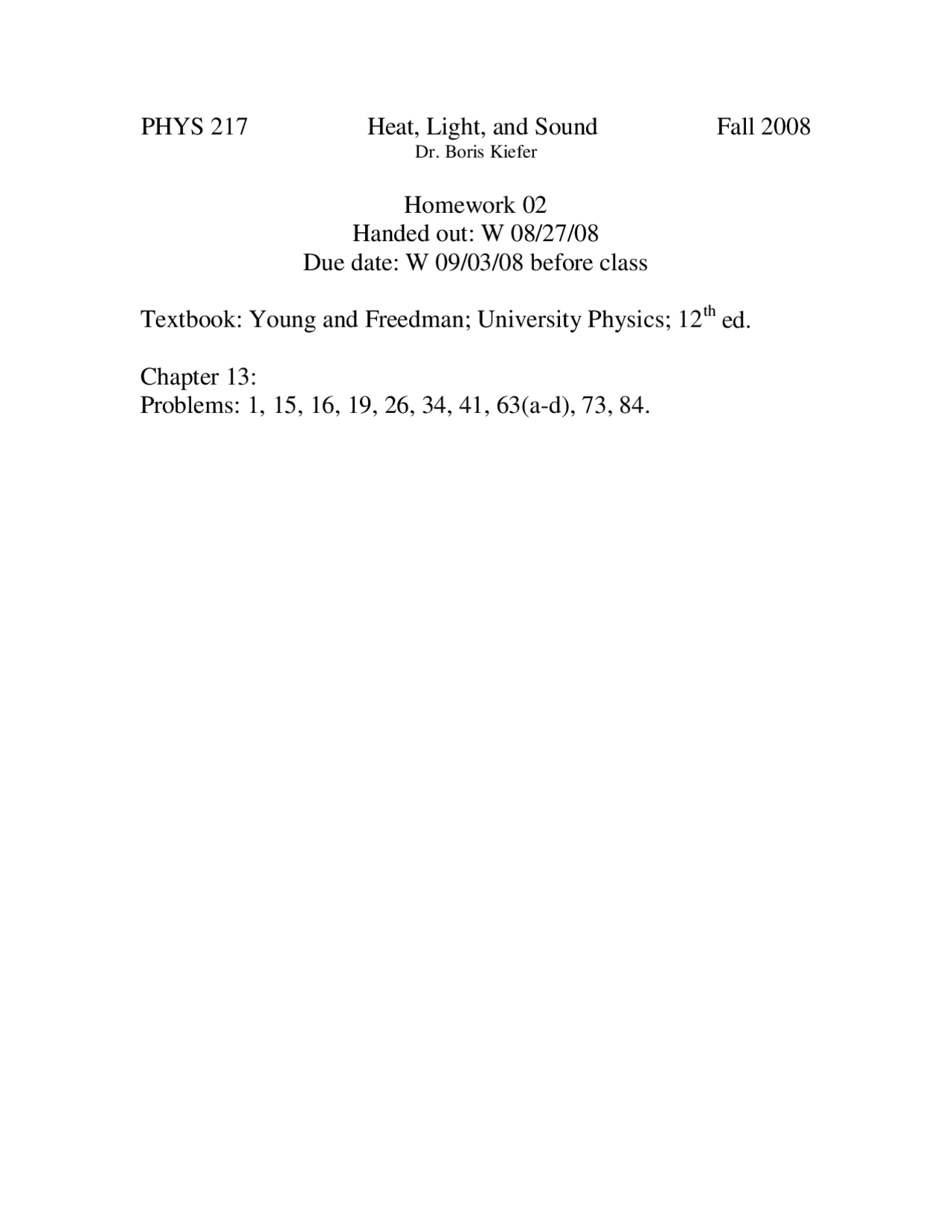 Heat Light And Sound Homework 2 Practice Problems Phys 217 Docsity