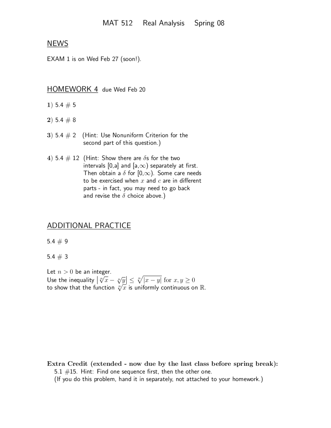 Homework 4 Introduction To Real Analysis Mat 512 Docsity