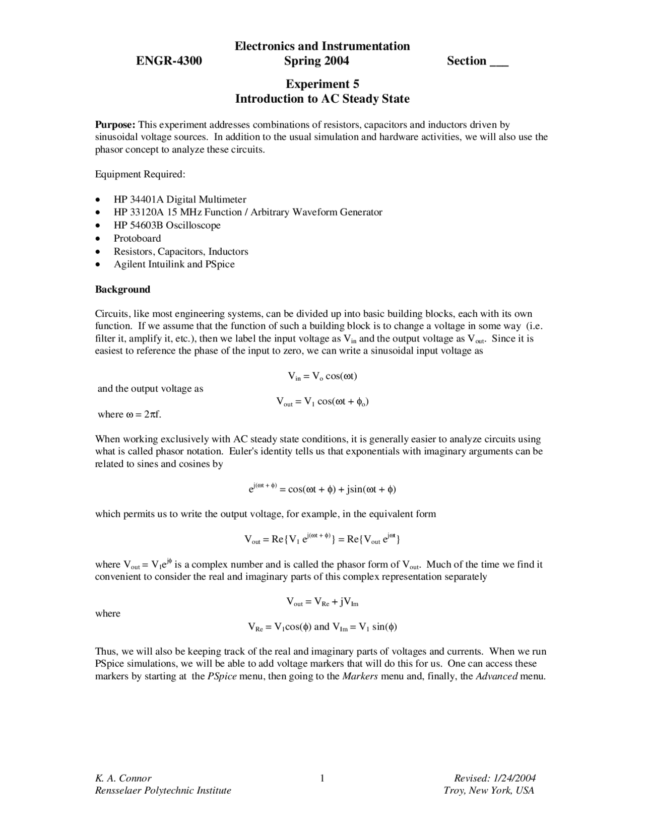 Introduction To Ac Steady State Experiment 5 Engr 4300 Docsity