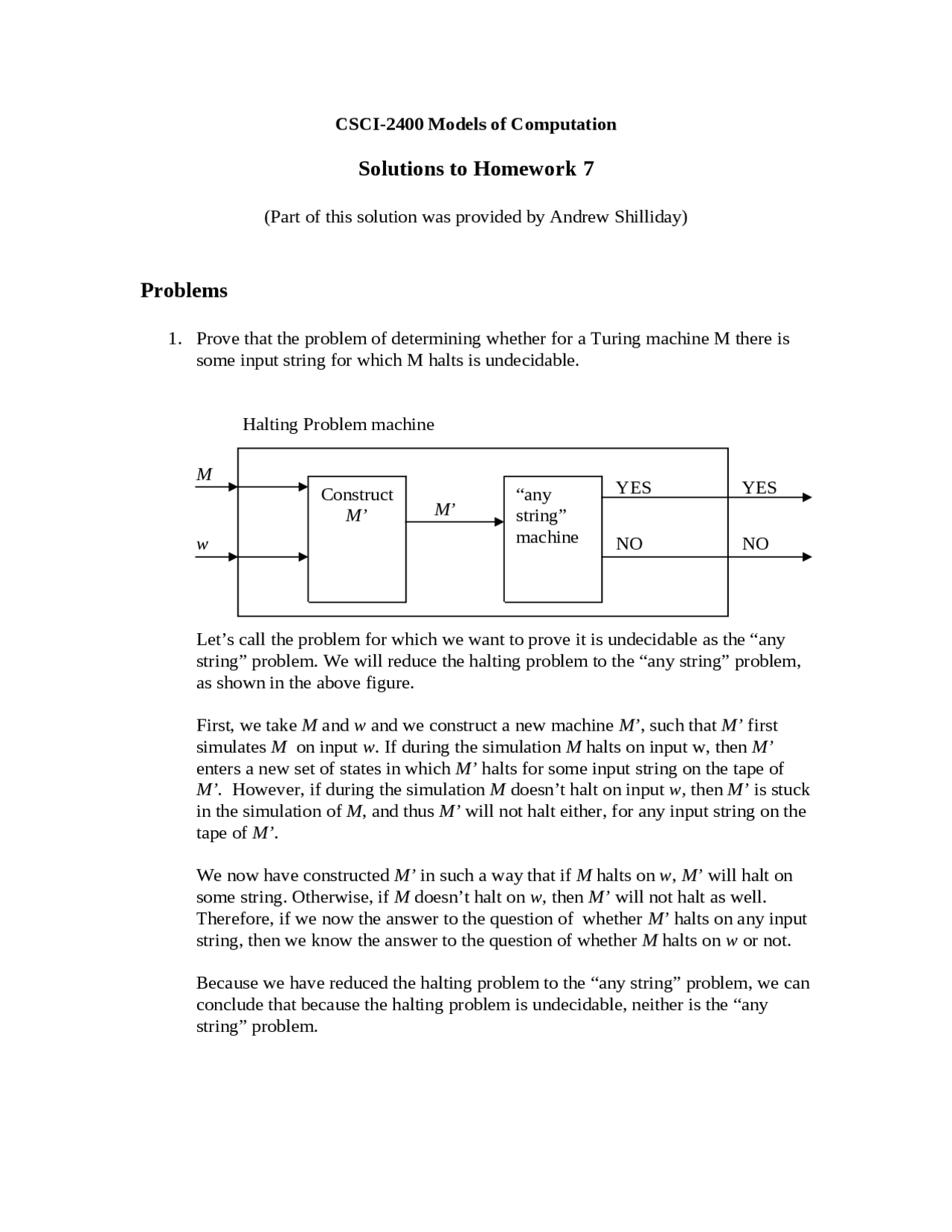 Solutions To Homework 7 Models Of Computation Csci 2400 Docsity