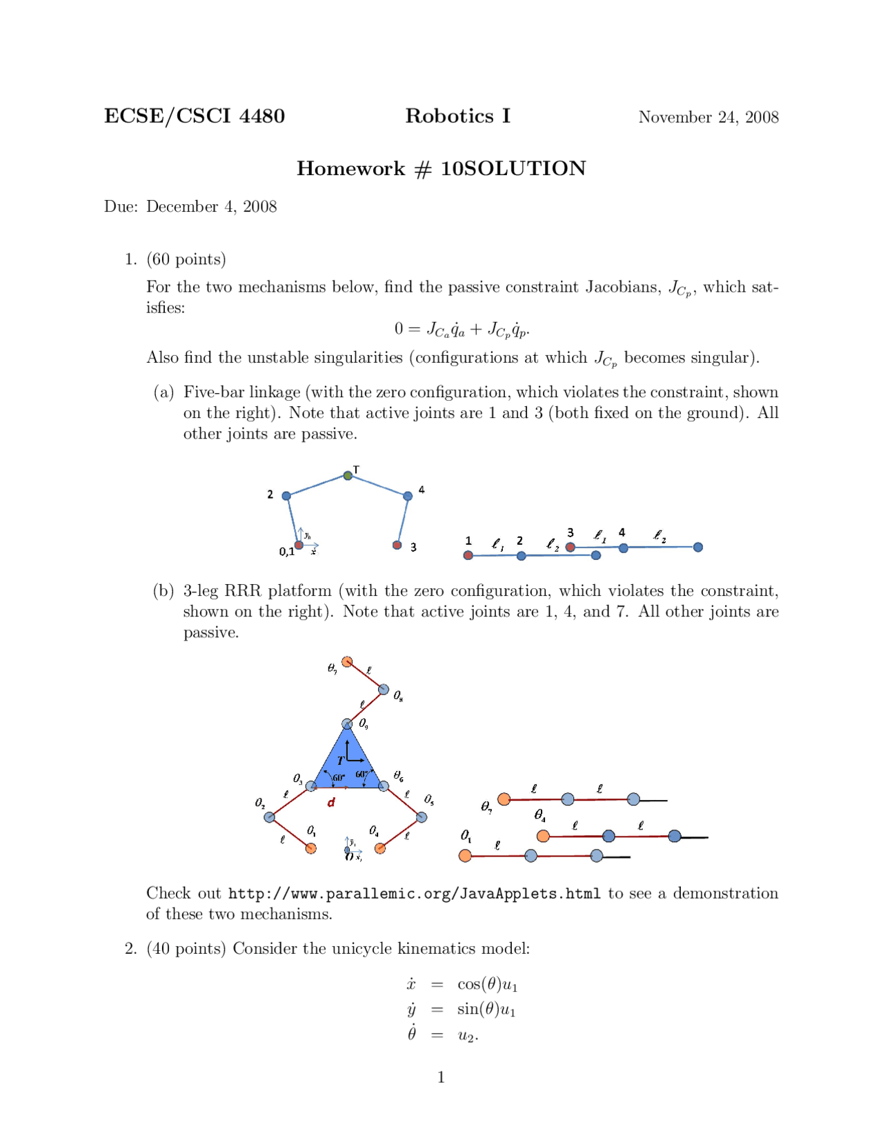 Homework 10 Solutions For Robotics I Csci 4480 Docsity