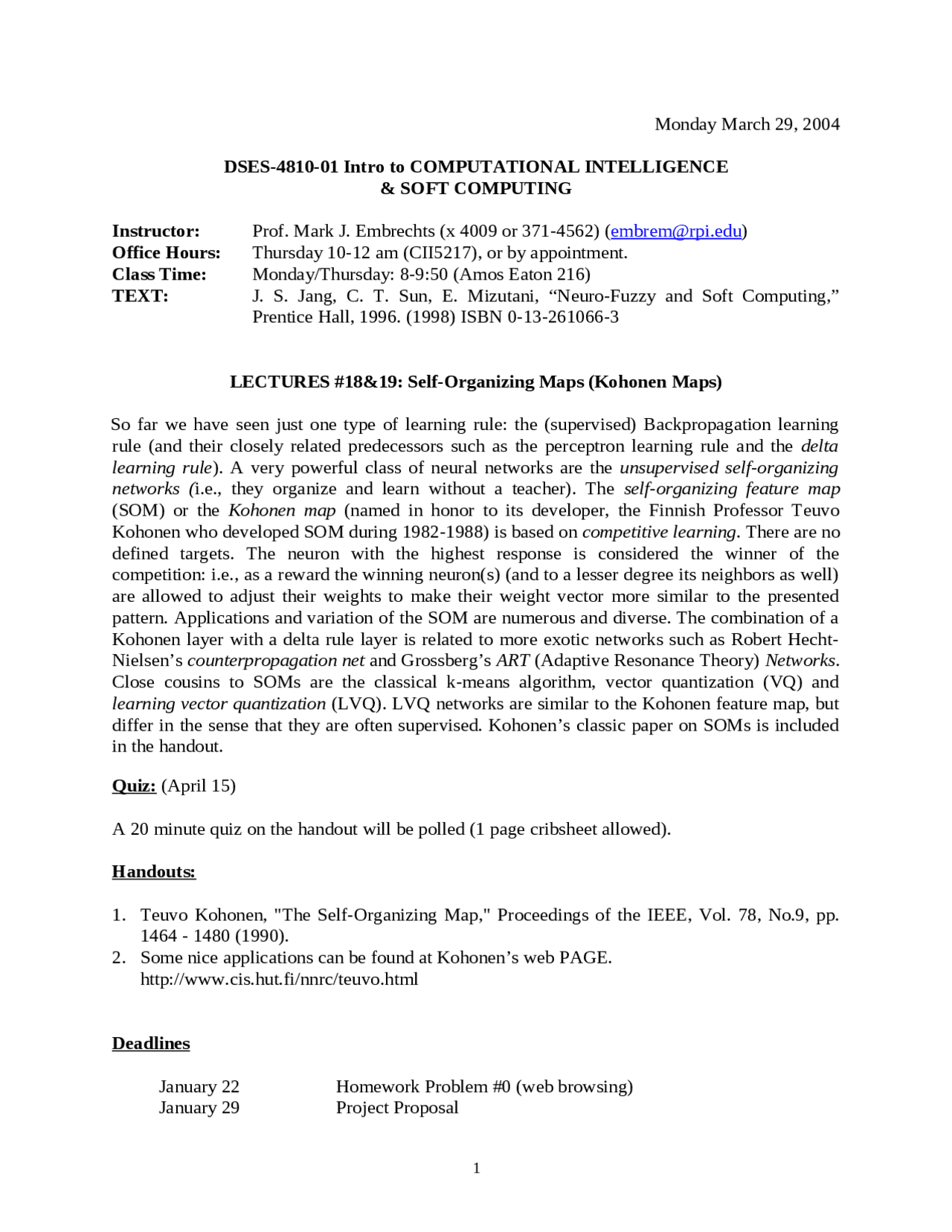 Self Organizing Maps Lecture Notes Dses 4810 Docsity