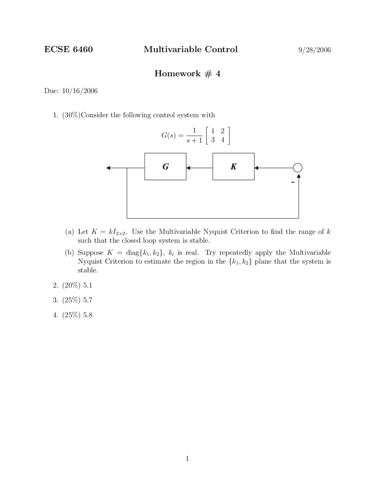 Homework 4 On Multivariable Control Systems Ecse 6460 Docsity