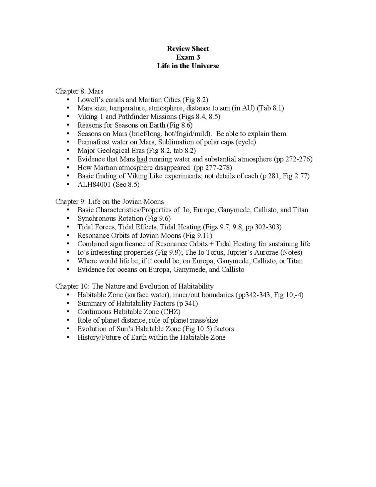 Life In The Universe Review Sheet For Old Exam 3 Astr 305g Docsity