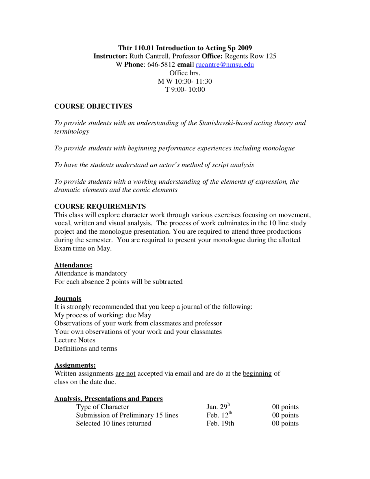 Course Objectives on the Introduction to the Acting l | THTR 110 ...