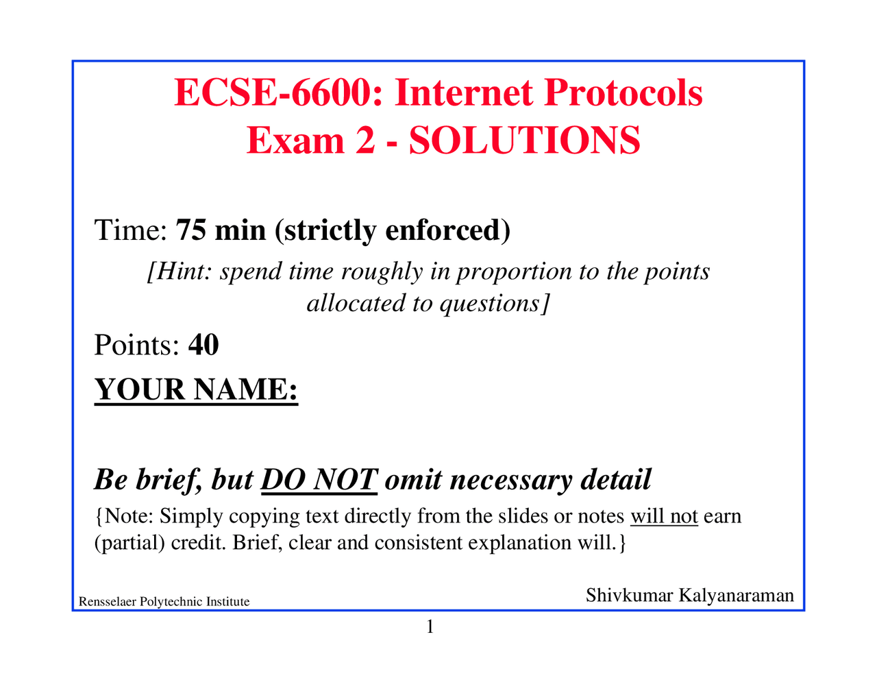 Exam 2 With Solution Of Internet Protocols Ecse 6600 Docsity