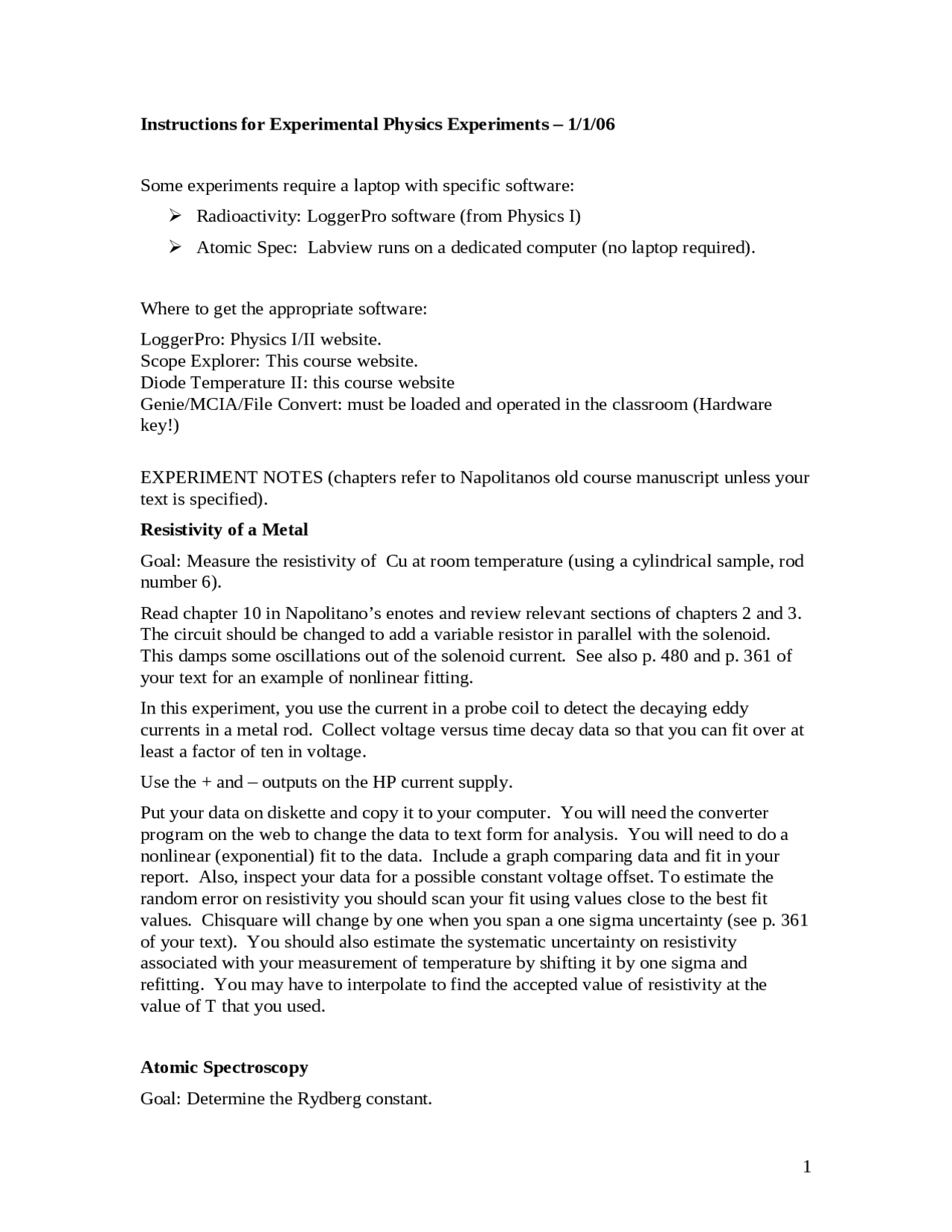 Instructions For Experimental Physics Experiments Phys 2350 Docsity