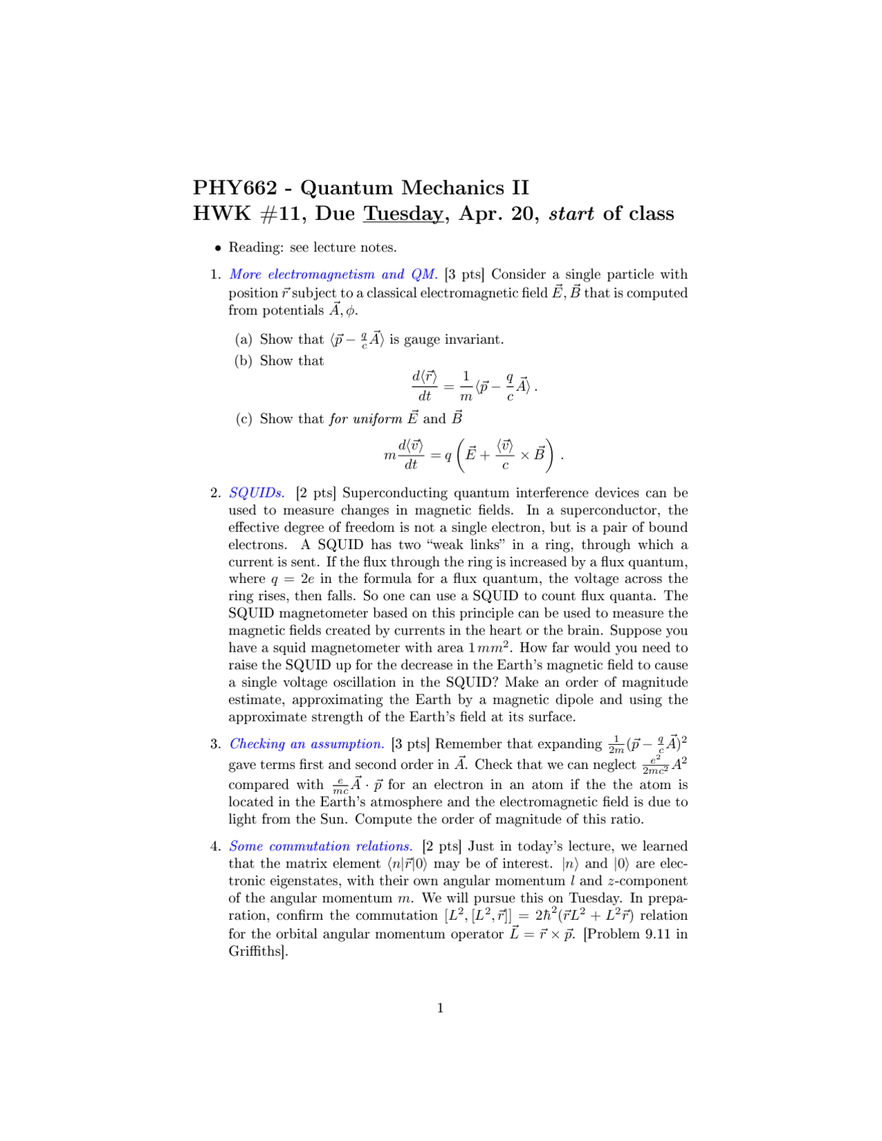 Homework #11 - Quantum Mechanics II | PHY 662 - Docsity