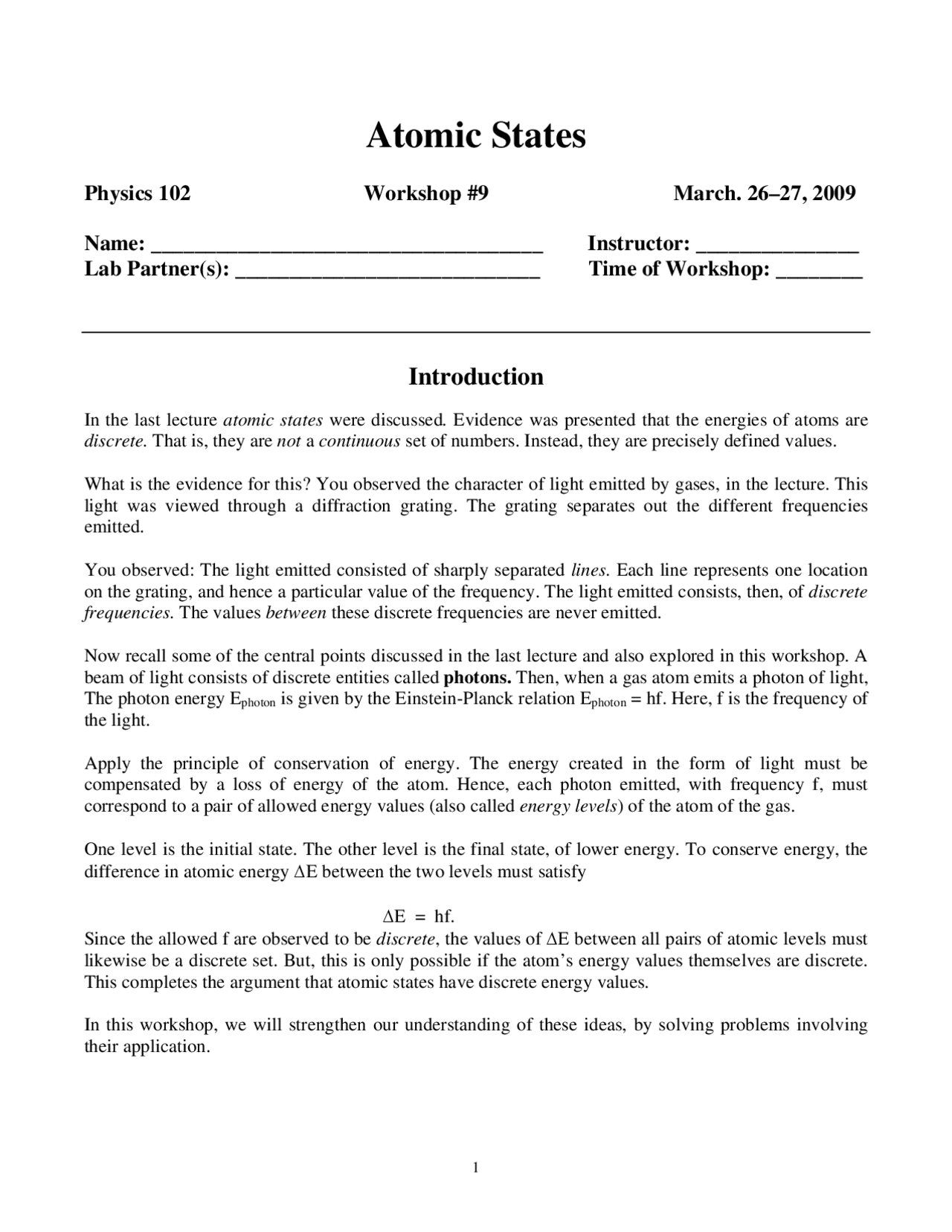 Workshop Nine Atomic States Major Concepts Of Physics Ii Phy 102